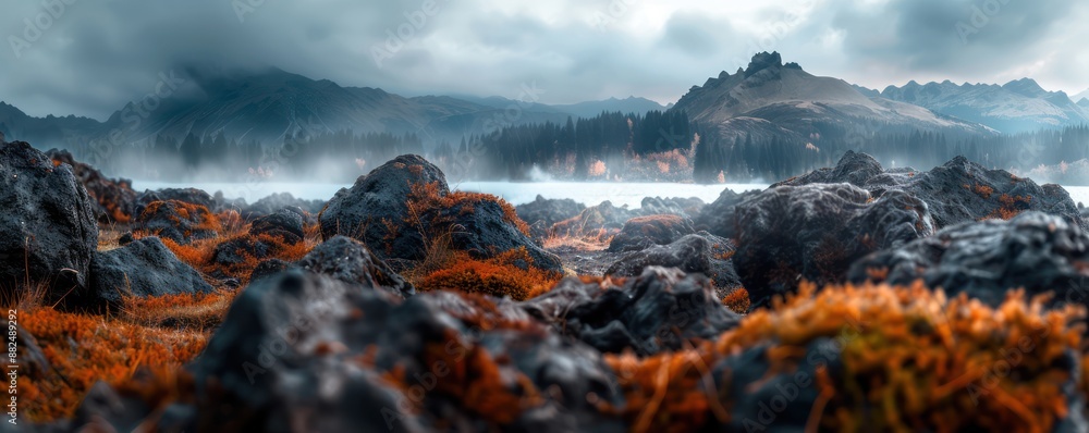 Brooding Exploration Vista A Dramatic Landscape of Fog, Mountains, and ...