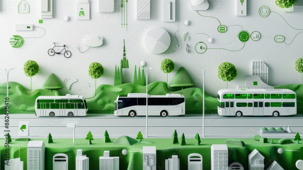 An imaginative scene featuring a green transportation network with ...