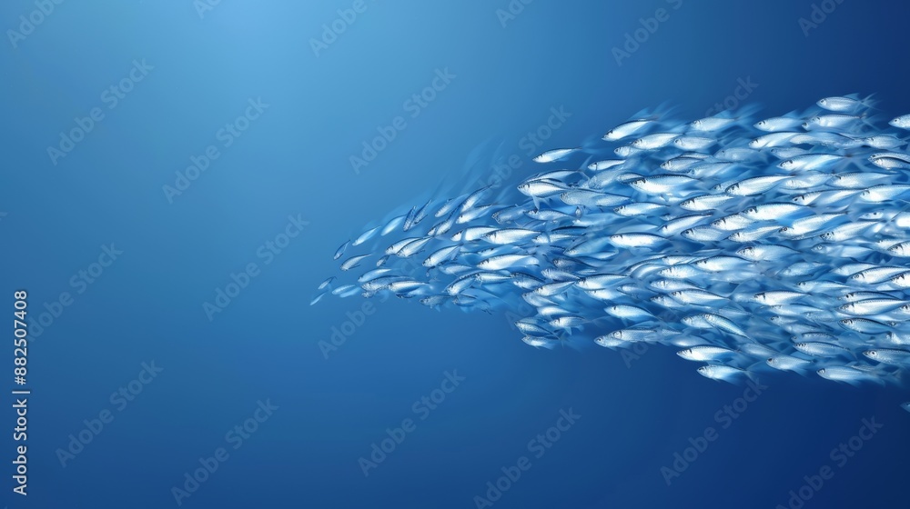 Massive school of fish migrating through deep blue waters, responding ...