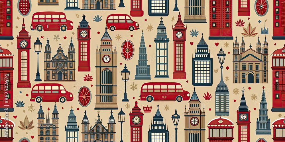 Seamless pattern in vintage Britain style featuring iconic British ...