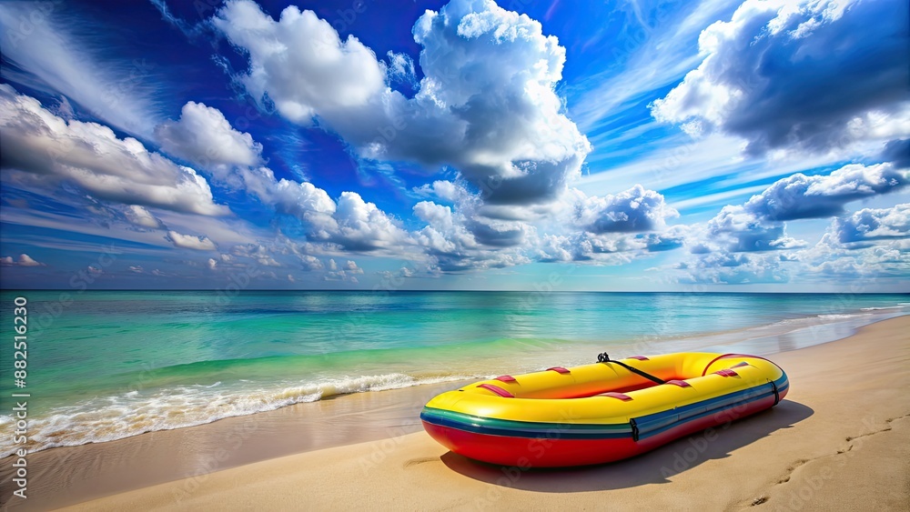Vibrant inflatable raft on sandy beach under blue sky with clouds ...