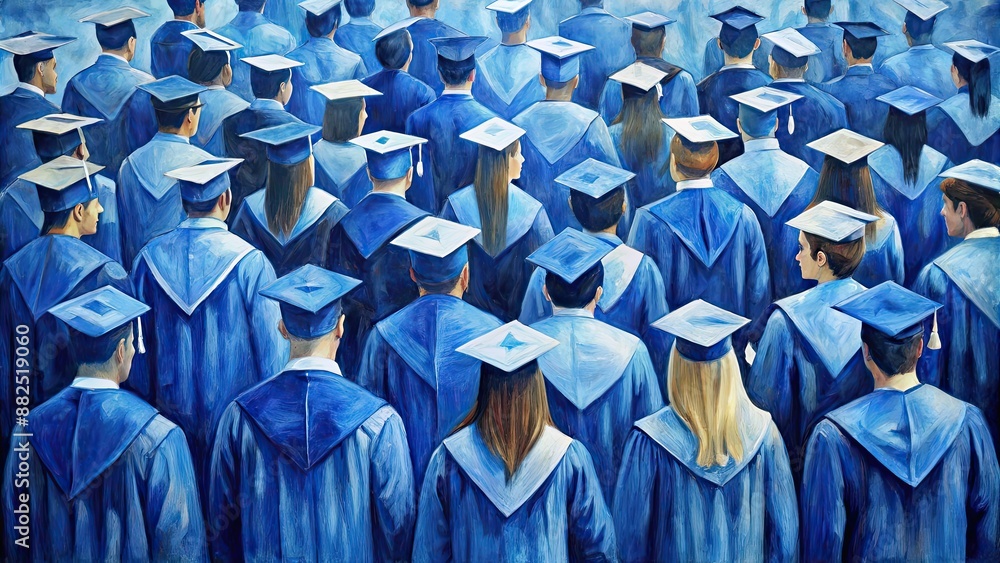 Vertical painting of a crowd of graduates on graduation day in shades ...