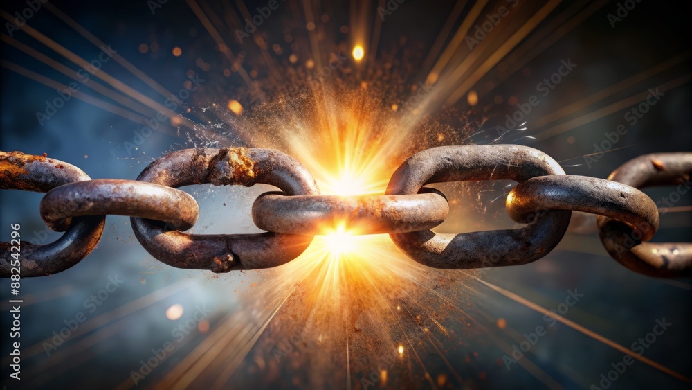 A isolated, dimly-lit, worn-out chain link bursts open, symbolizing ...