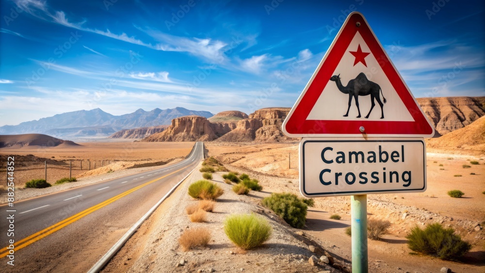 Warning sign on desert highway in Jordan alerts drivers to beware of ...