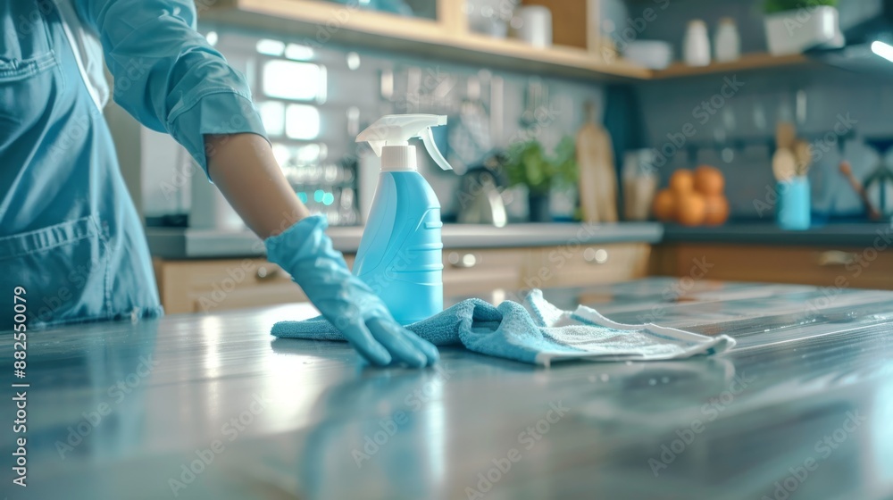 Cleaning home table sanitizing kitchen table surface with disinfectant ...
