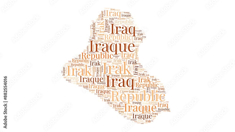 Republic of Iraq shape word cloud animation. Country boundary filled ...