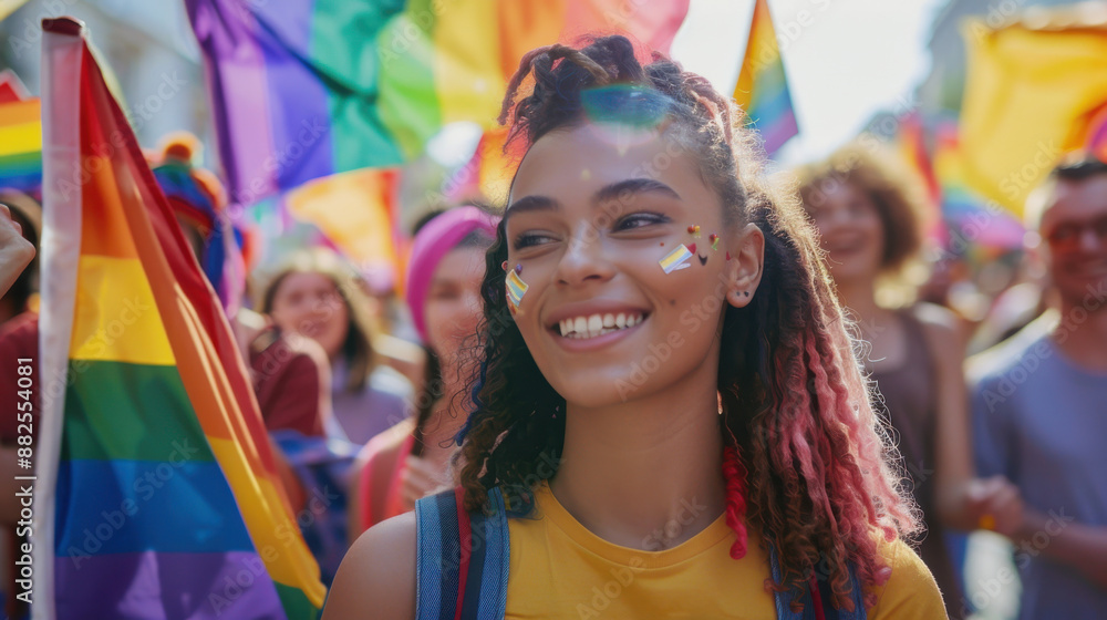 Girls rally for LGBTQ+ rights in Pride Month parade with rainbow flags ...