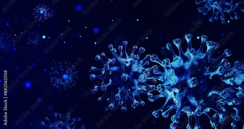 Science, blue and black background with particles of germ for viral ...