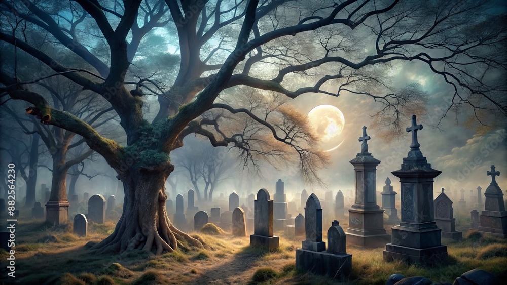 Poster, Foto Spooky cobweb-covered ancient trees loom over eerie mist ...