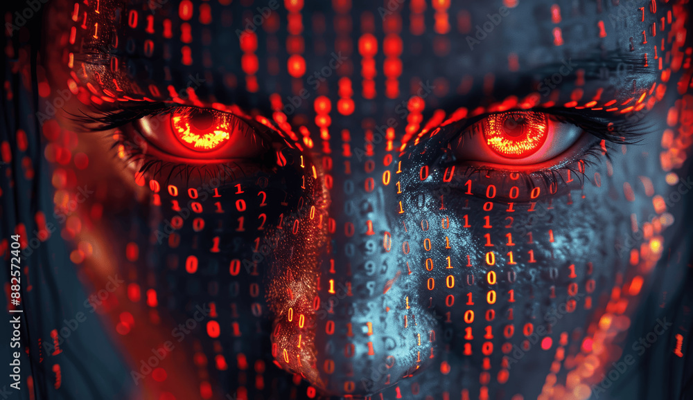 AI Face with Red Glowing Eyes in Binary Code, Cyberpunk Dark Background ...