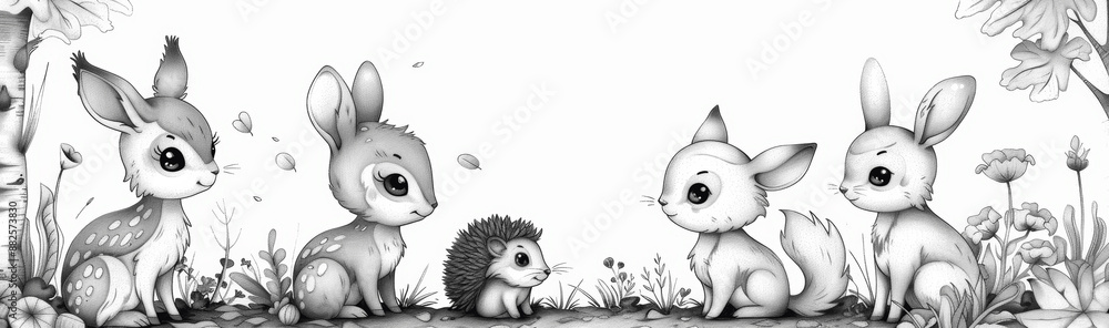 Forest Friends Coloring Page - Cute Fawn Deer, Hare, Squirrel and ...