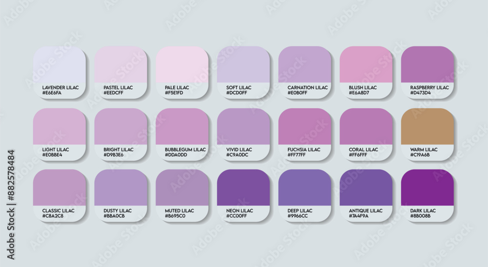 Lilac Color Palette, Lilac Color Guide Palette with Color Names. Catalog Samples of Purple with ...