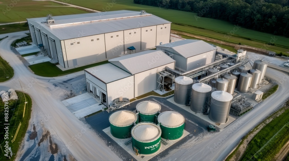 Aerial view of a large concrete manufacturing facility, expansive ...