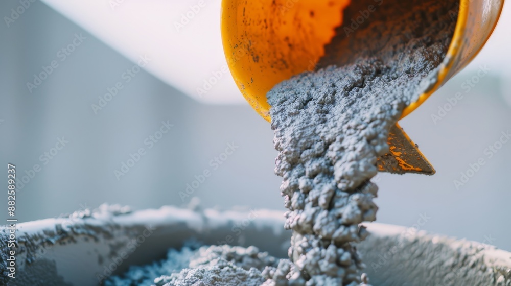 Construction workers operating a concrete mixer, creating a high ...