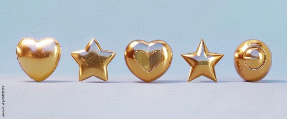 3D objects: signs and symbols in golden, plus sign, check mark, heart ...