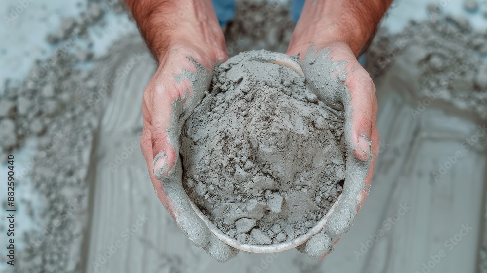 Hands mixing Portland cement powder with water and aggregate, creating ...