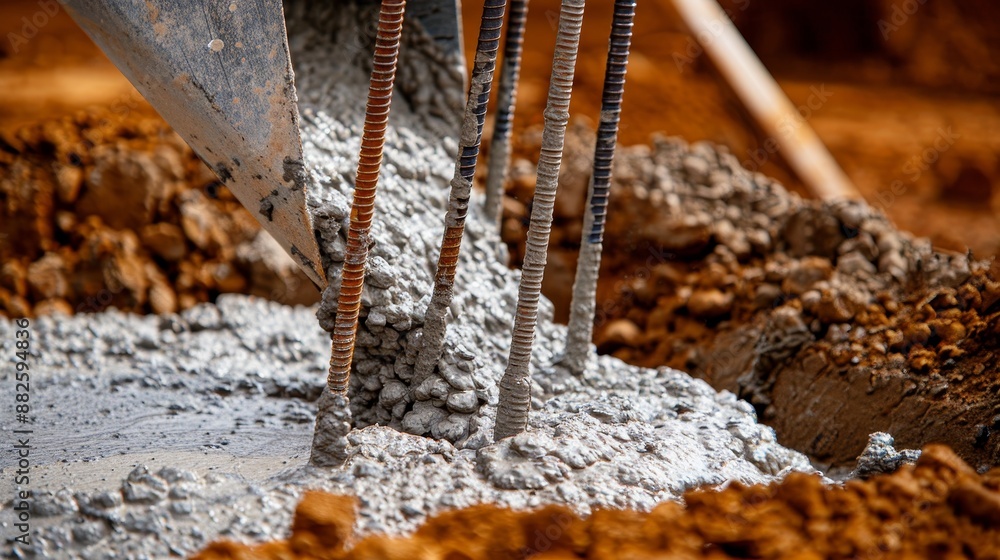 Construction site with cement being mixed, showcasing bags of Portland ...