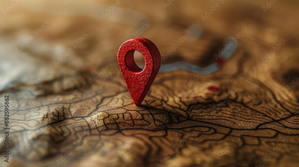 Red Location Marker on Detailed Topographic Map with Focused Depth-of ...