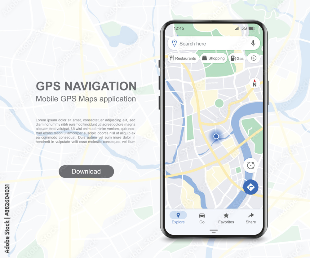 GPS Navigation, Mobile GPS Maps application UI concept with realistic ...