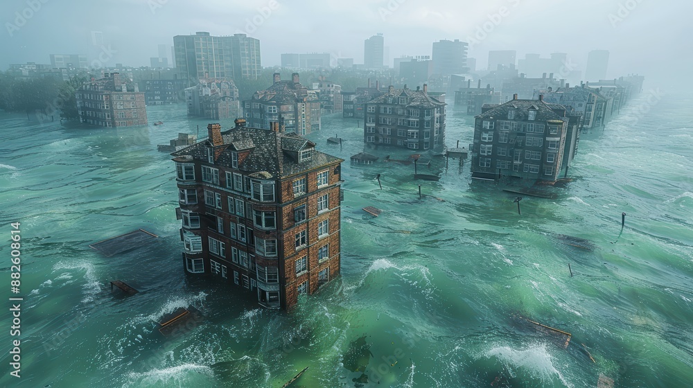Storm surge flooding a coastal city with partially submerged buildings ...