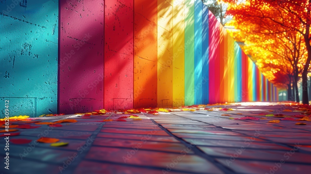 Vibrant rainbow wall shines on fallen autumn leaves along a winding ...