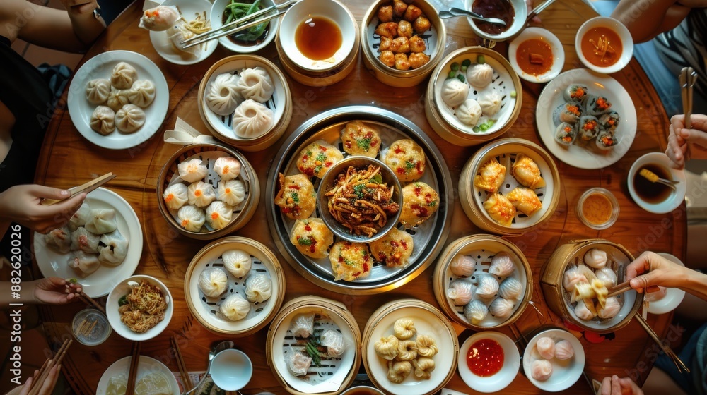 Overhead shot of a variety of dim sum dishes, including shrimp ...