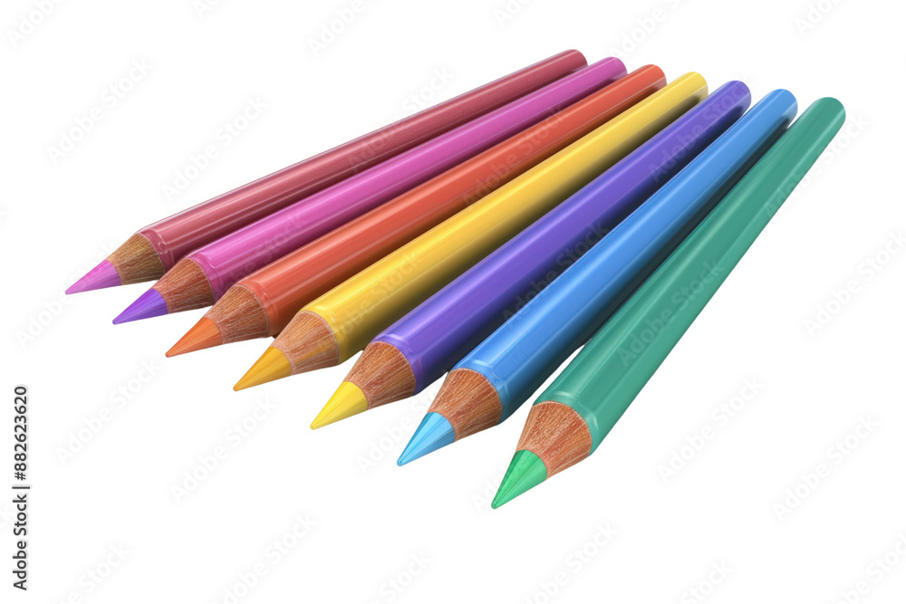 A row of colored pencils with a green one in the middle, illustration ...