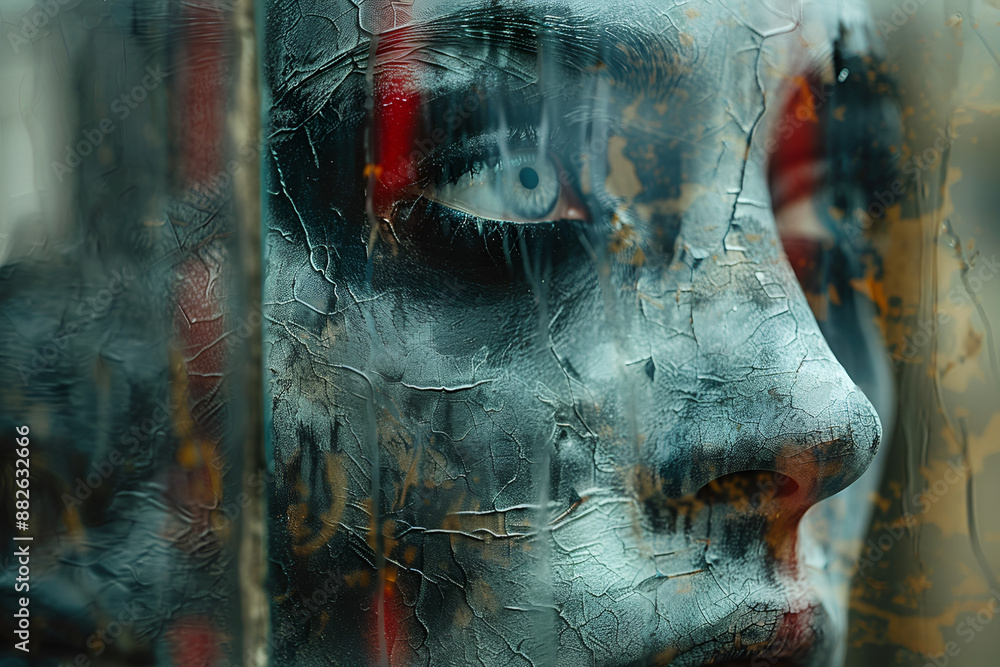 Dramatic oil painting of a contemplative human face with bold stucco ...