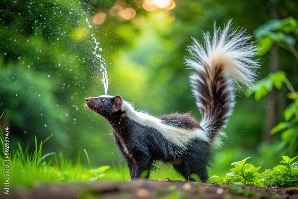 A threatened skunk arches its back, tail raised, releasing a foul ...