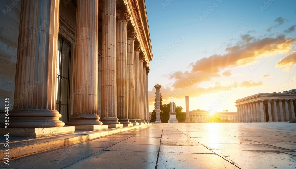 Majestic sunrise over historic columns of an ancient building ...