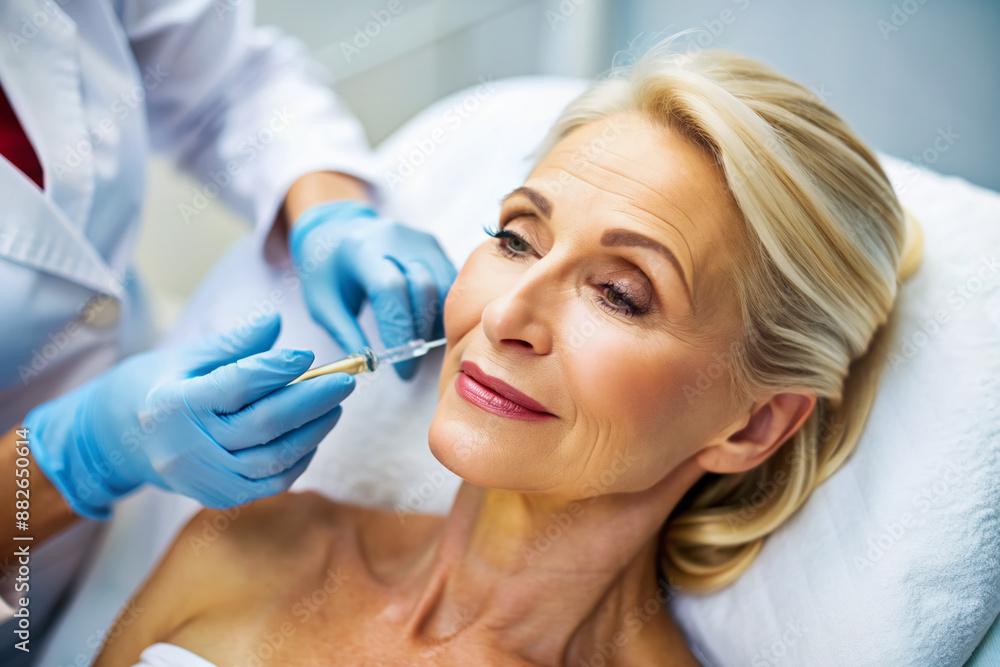 Beautiful mature woman receiving botox injection in her face at beauty ...