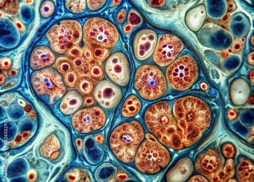Microscopic image of damaged kidney tissue with scarred glomeruli and ...