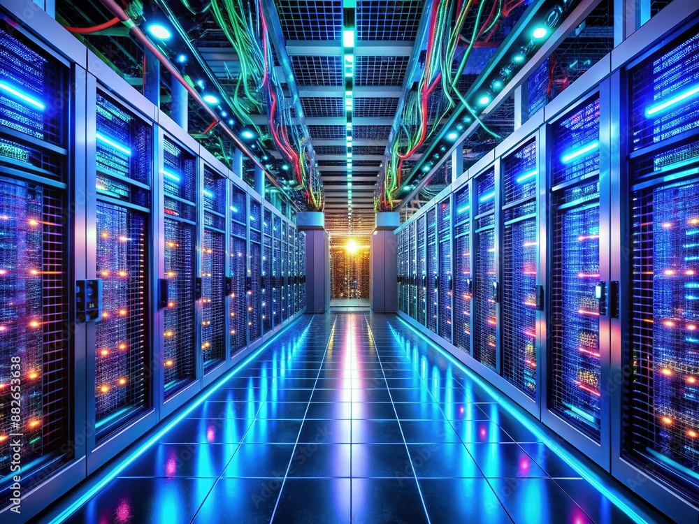 "Sleek futuristic server room with rows of humming machines, neon ...