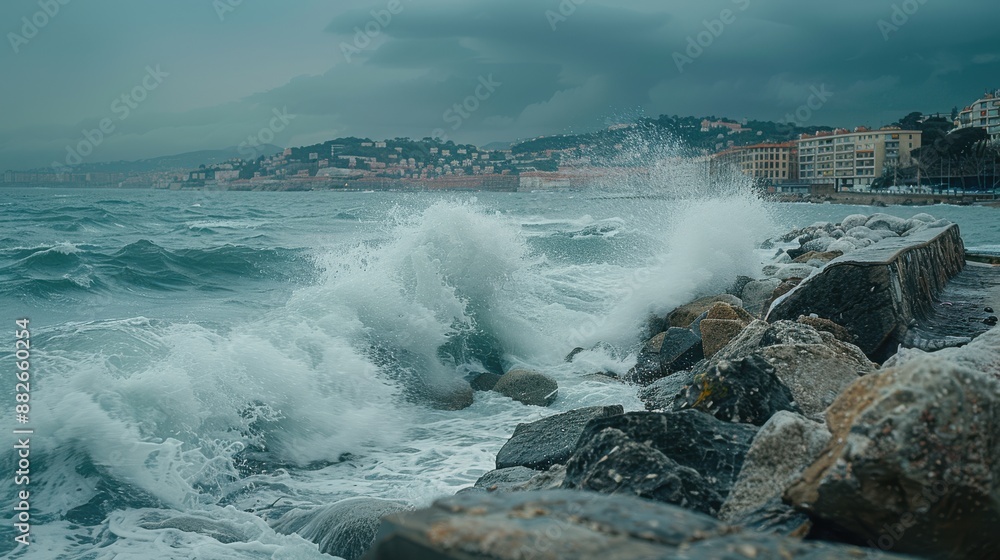 Coastal engineers reinforcing a shoreline with large boulders and sea ...