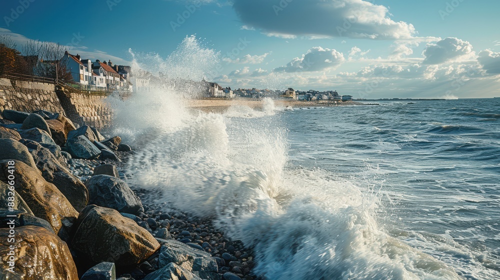 Coastal engineers reinforcing a shoreline with large boulders and sea ...