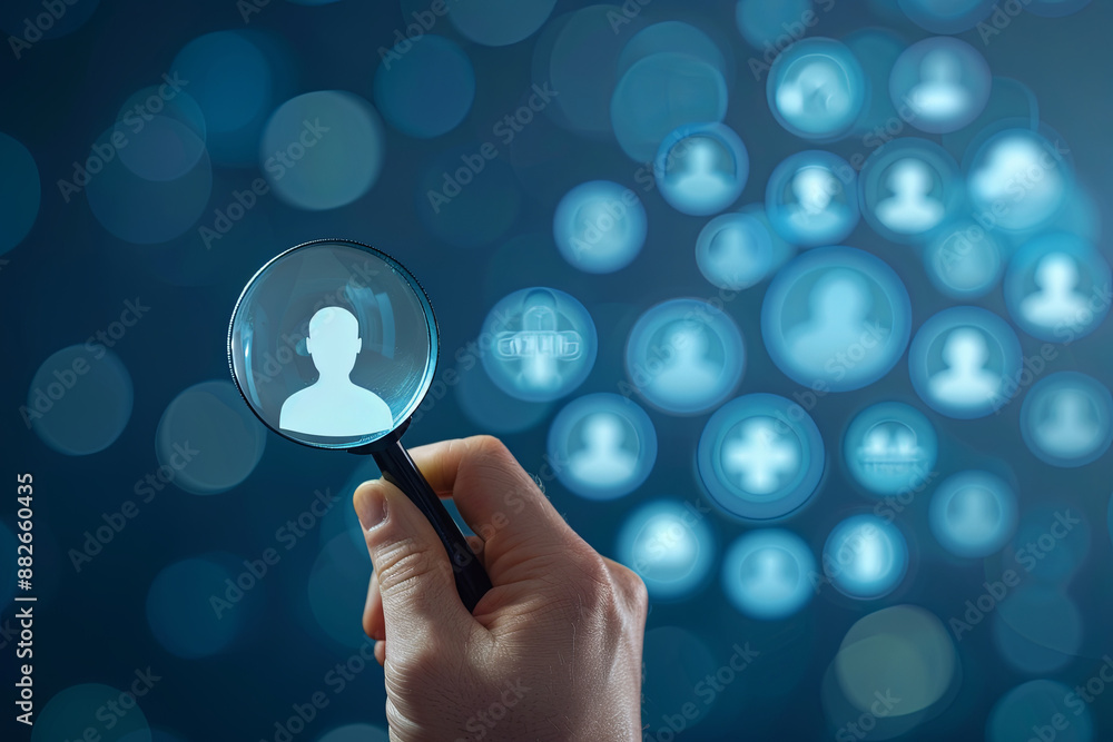 Hand holding a magnifying glass with a human icon, representing ...