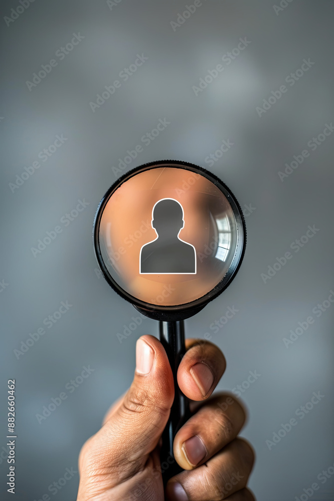 Hand holding a magnifying glass with a human icon, representing ...