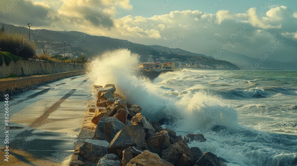 Coastal engineers reinforcing a shoreline with large boulders and sea ...