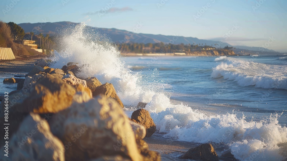 Coastal engineers reinforcing a shoreline with large boulders and sea ...
