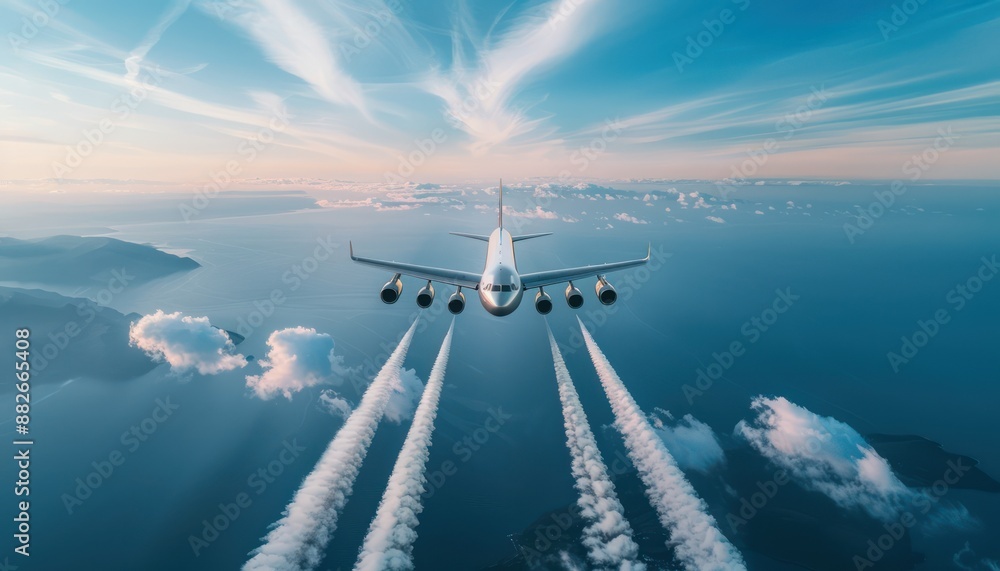 Stunning View of Airplane Taking Off, Ascending Through Blue Sky with Contrails, Flight ...