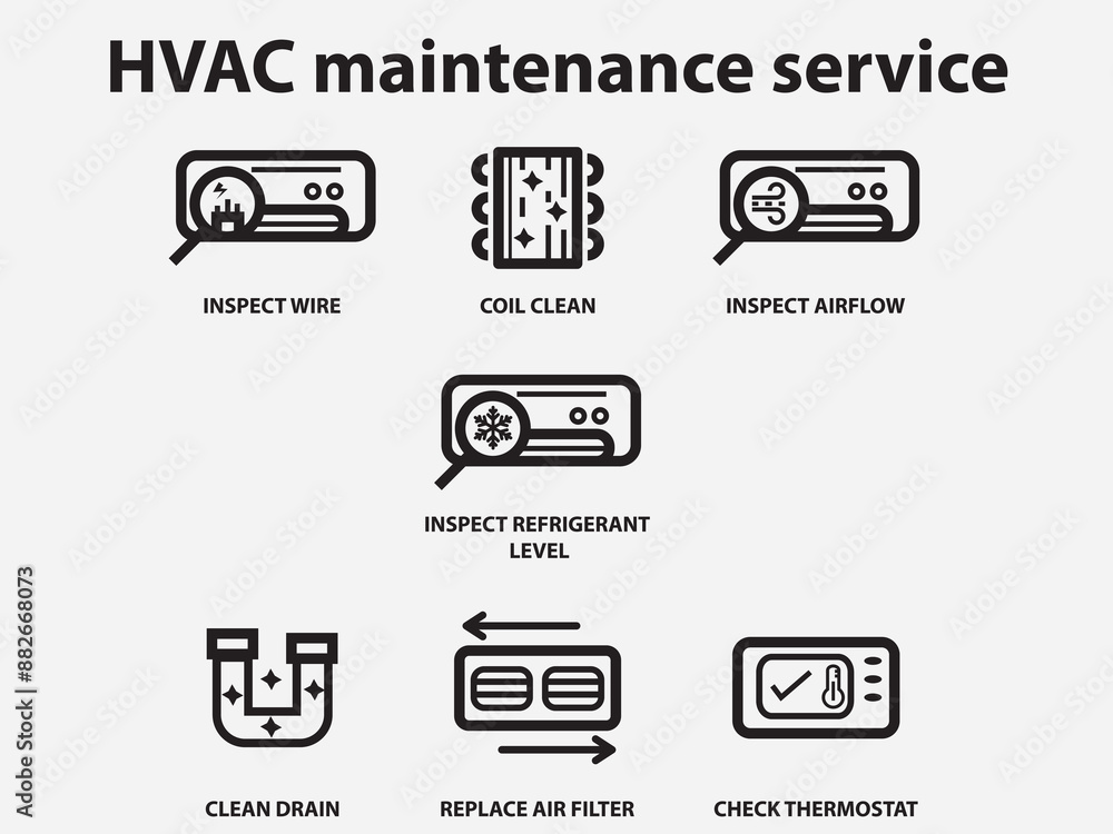 set of HVAC maintenance service outline icon .heating ventilation and ...