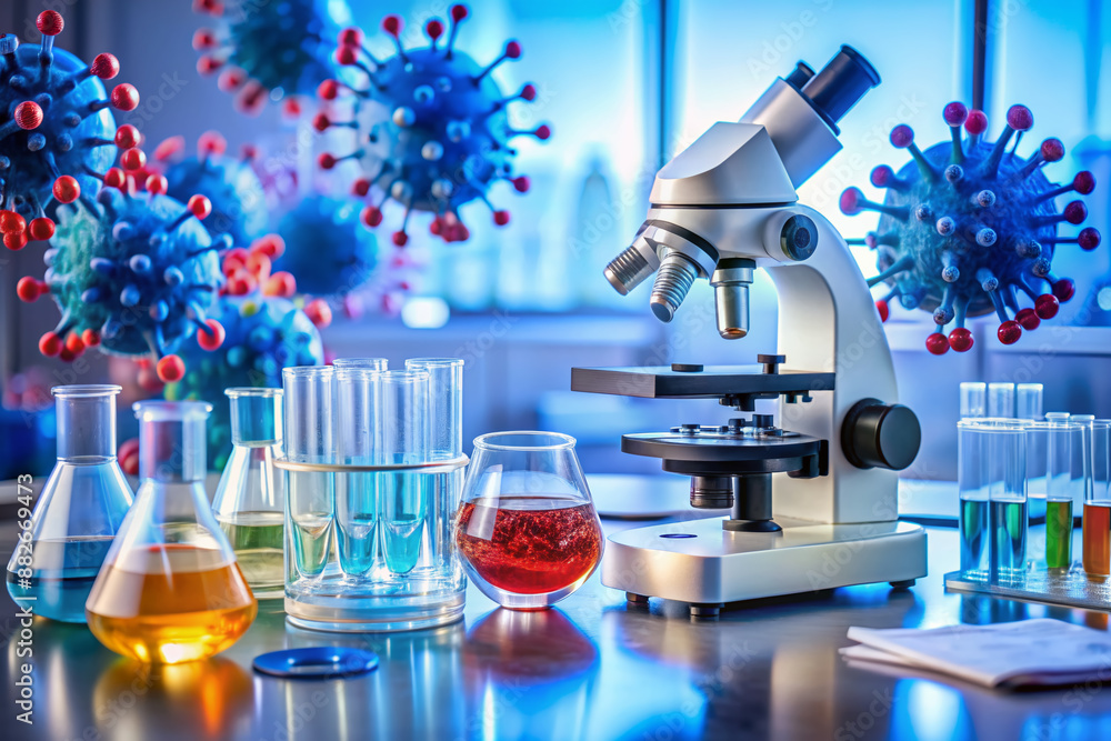 Microscope and Petri dishes with Coronavirus antibody samples on ...