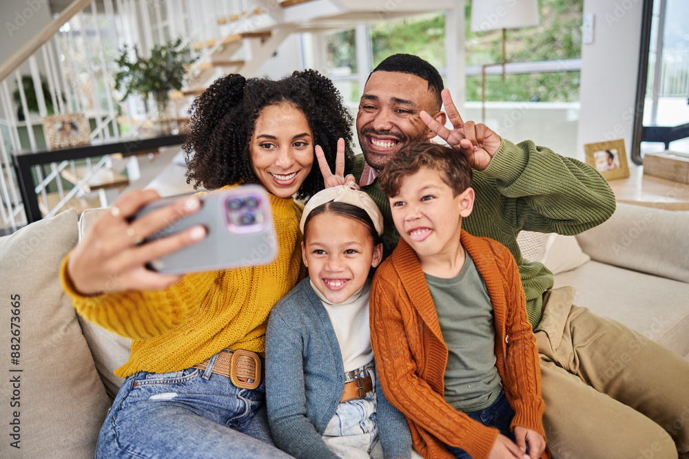 Selfie, happy family and peace sign in home with childhood, nurture and ...