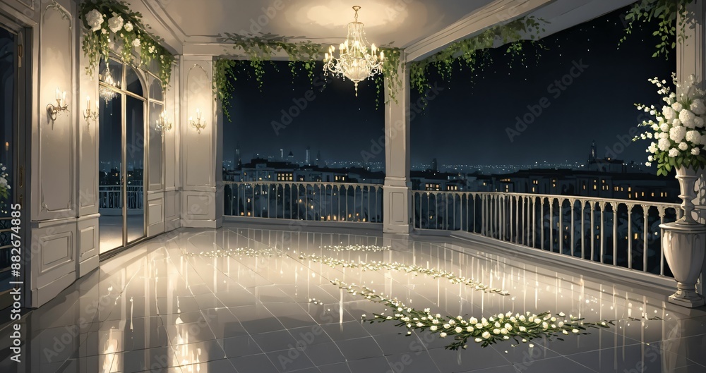 white patio terrace of palace mansion interior at night. art deco ...