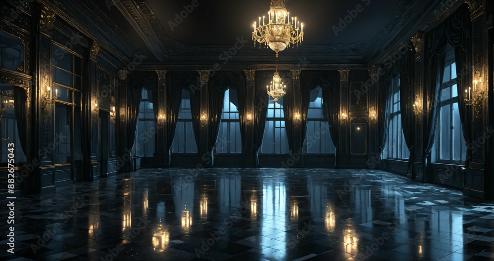 black ballroom room interior of mansion castle palace at night. dark ...
