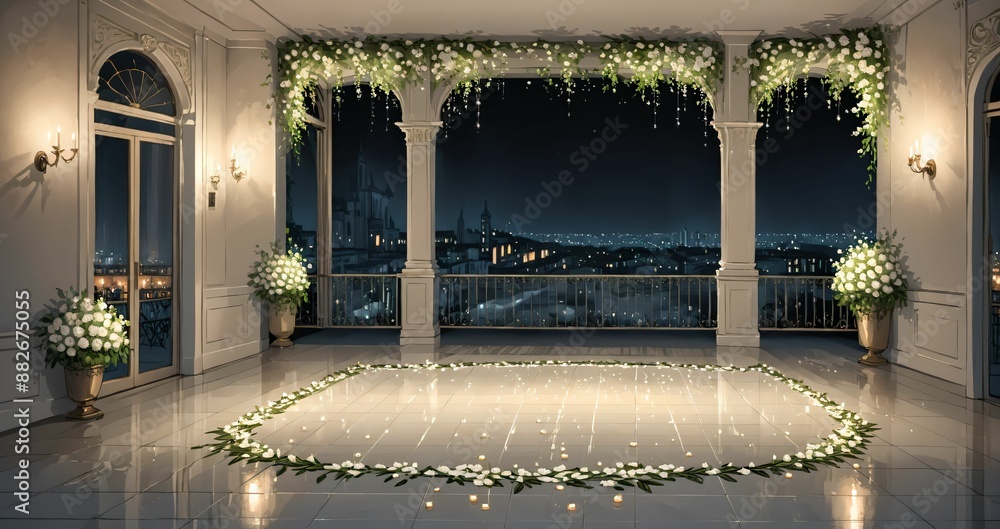 white patio terrace of palace mansion interior at night. art deco ...