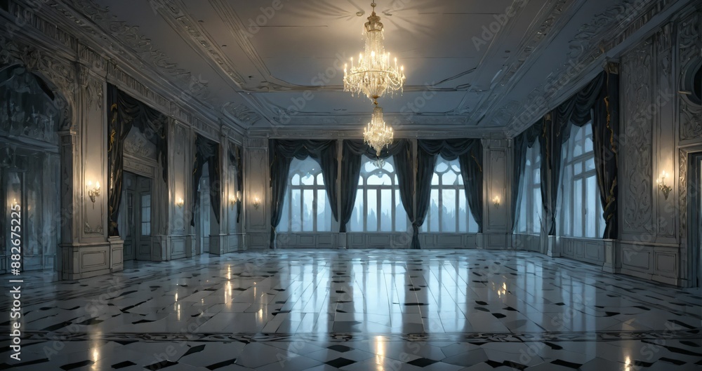 white ballroom corridor of mansion building palace cathedral gothic ...