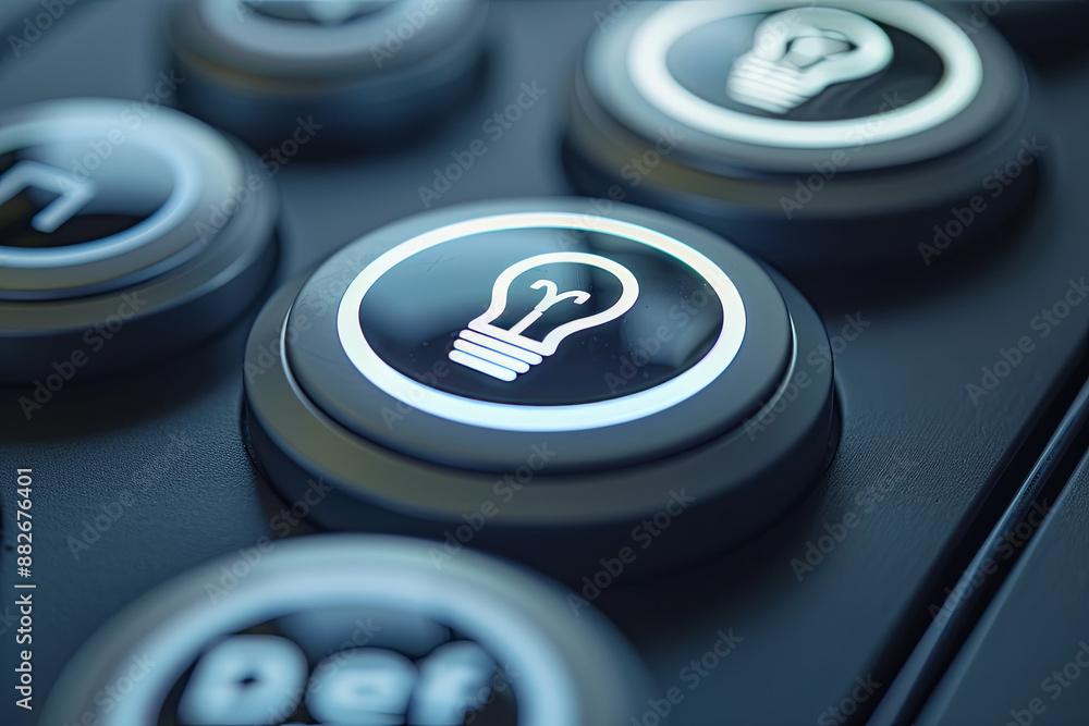 Foto de On and off toggle switch buttons with an idea light bulb icon ...