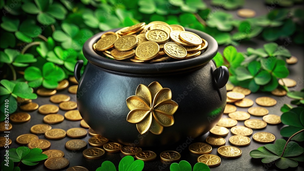 A lucky black pot overflows with shiny gold coins, surrounded by ...