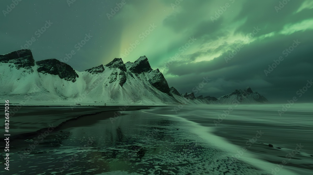 Amazing view of green aurora borealis shining in night sky over snowy ...